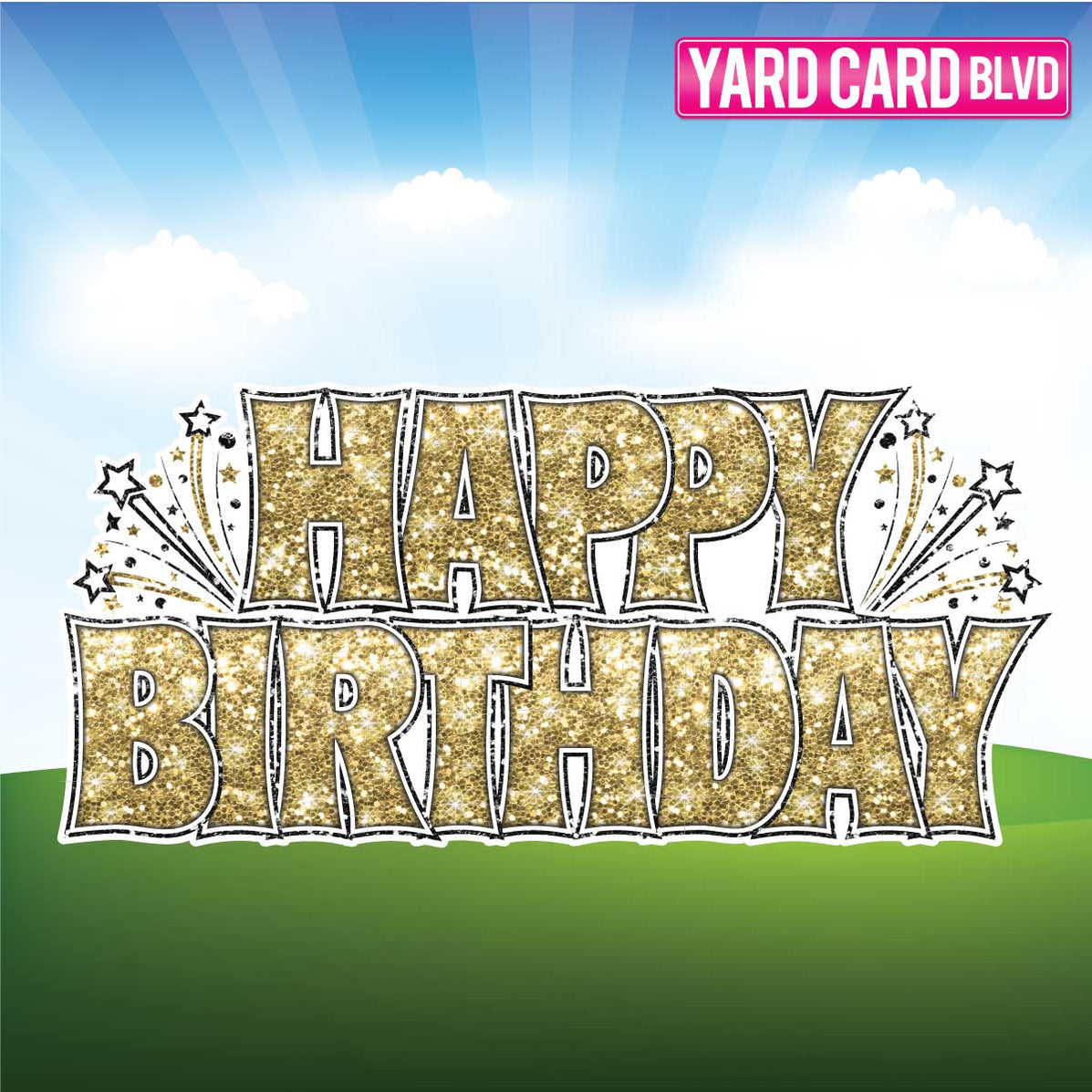 BLVD Billboard Happy Birthday - Gold Glitter — Yard Card Blvd