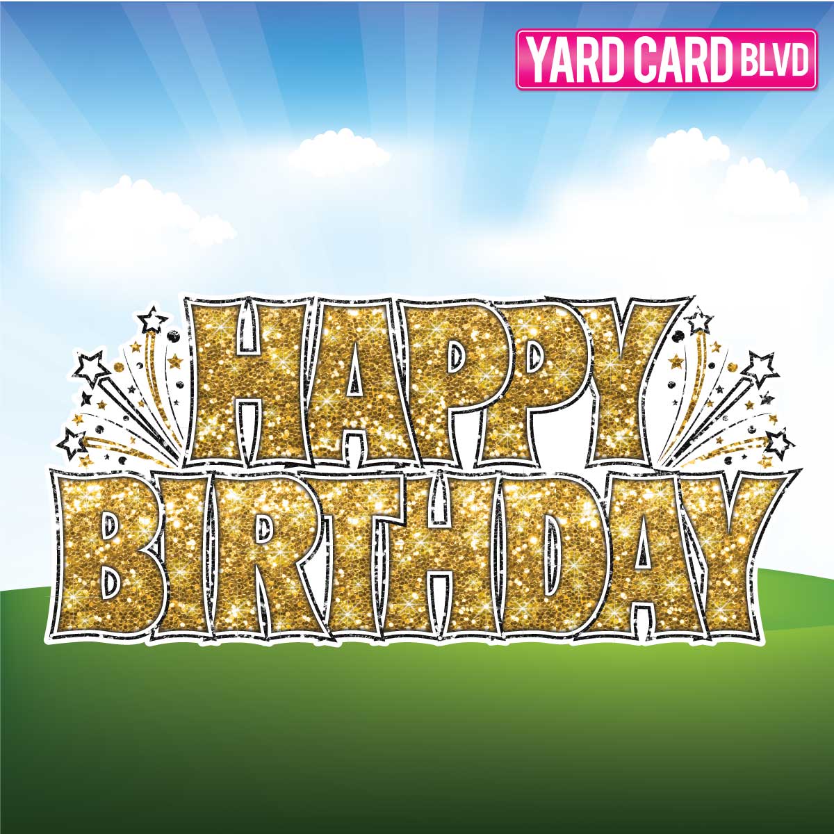 BLVD Billboard Happy Birthday - Yellow Gold Glitter — Yard Card Blvd