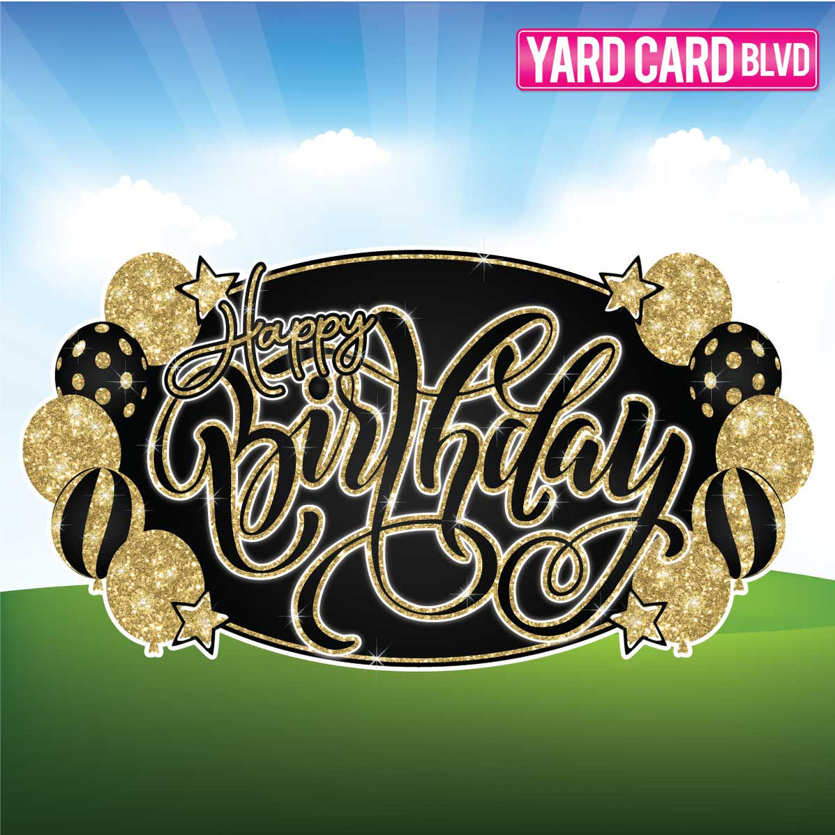 BLVD Billboard Happy Birthday Script - Gold Glitter — Yard Card Blvd