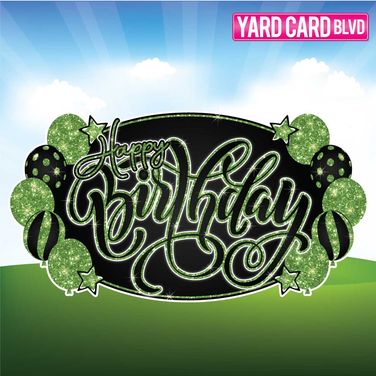 BLVD Billboard Happy Birthday Script - Lime Green Glitter — Yard Card Blvd