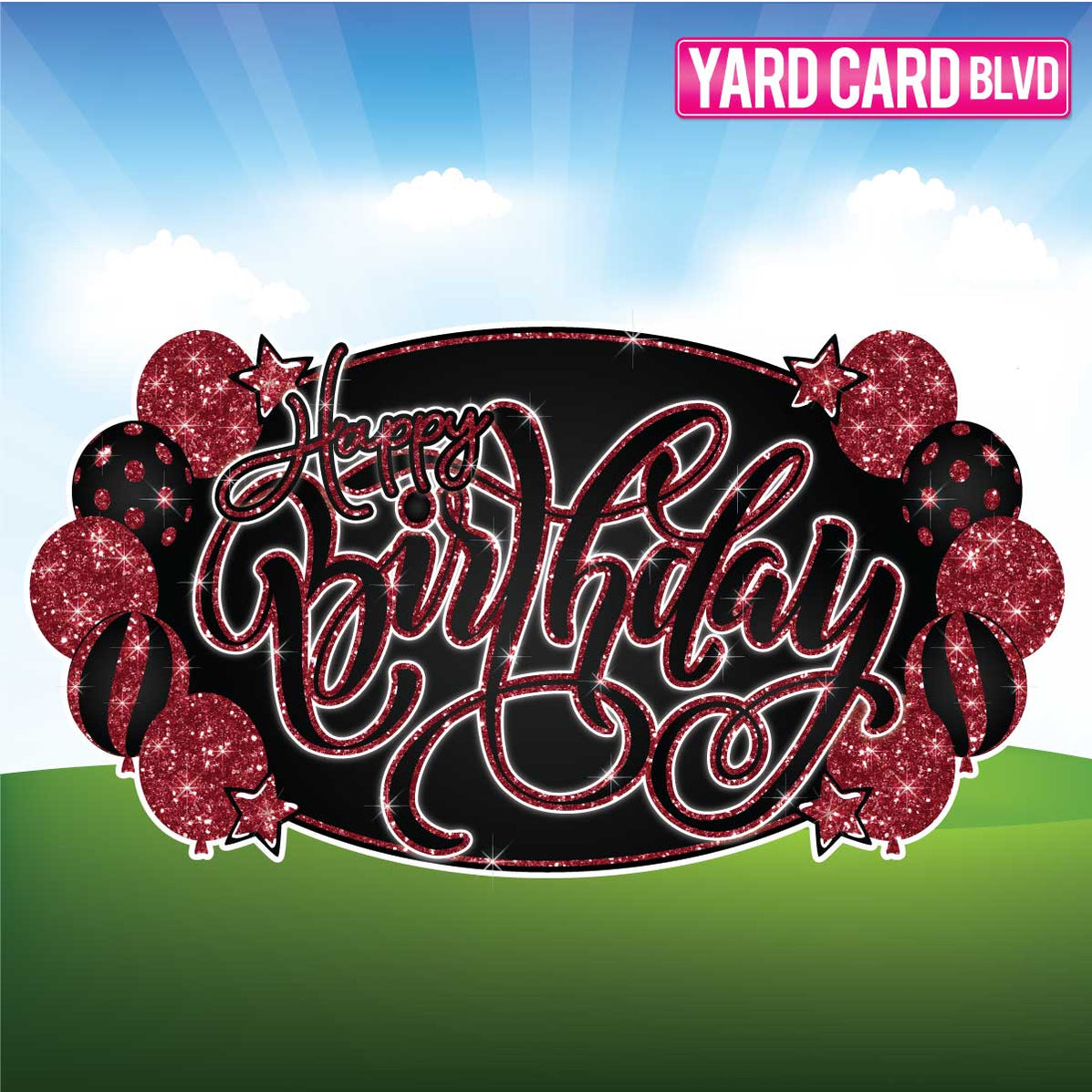 BLVD Billboard Happy Birthday Script - Red Glitter — Yard Card Blvd