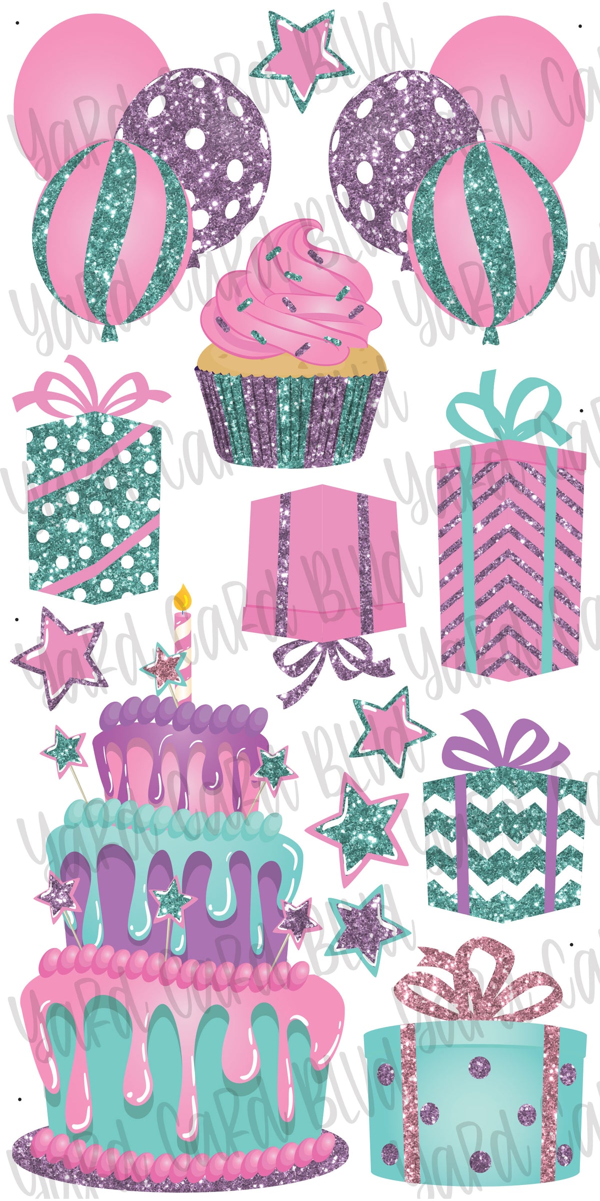 Pink, Purple, and Teal Flair Set with Glitter Accent — Yard Card Blvd