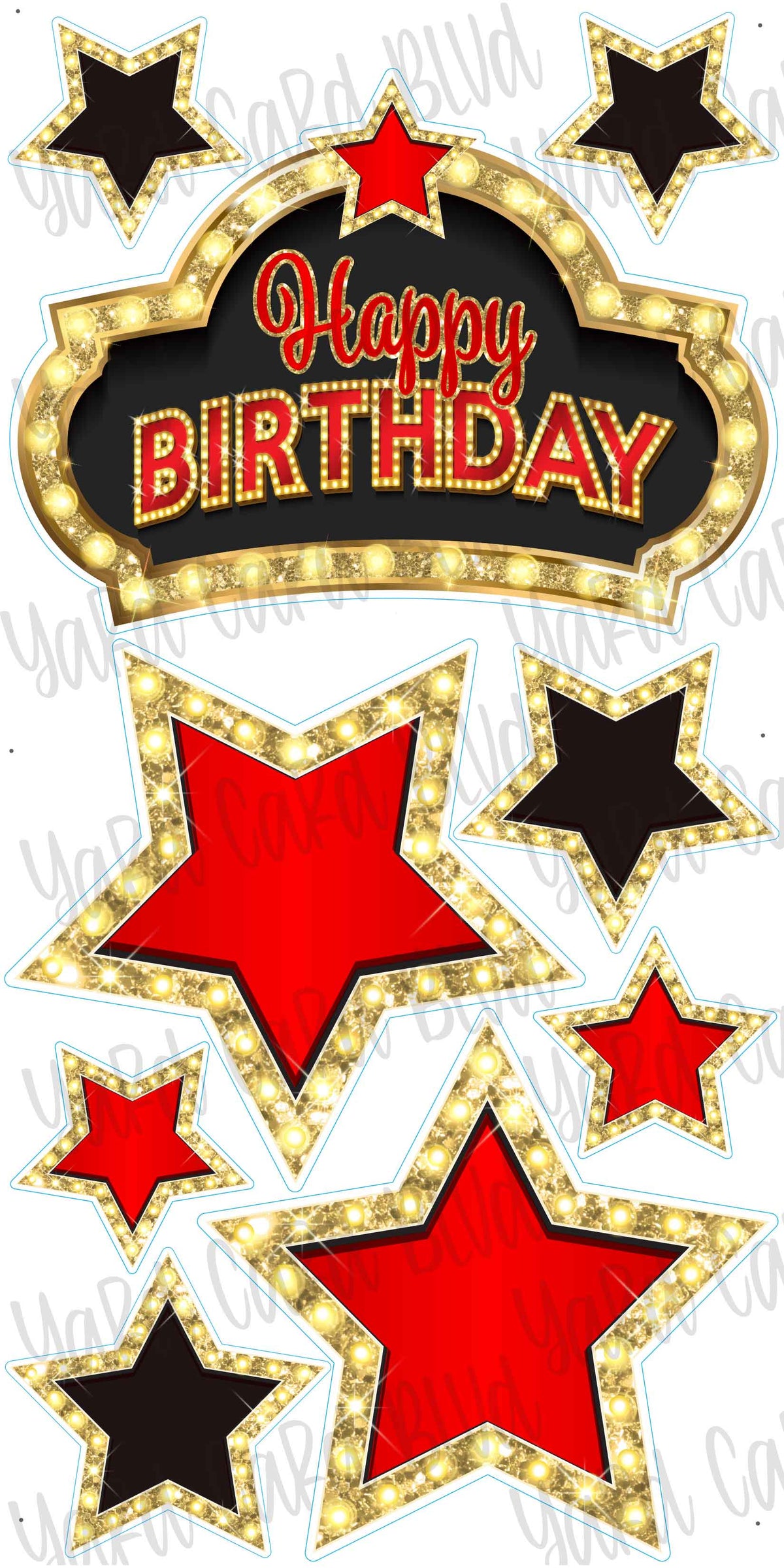 Red Marquee Birthday Splash with Twinkle Light Holes — Yard Card Blvd